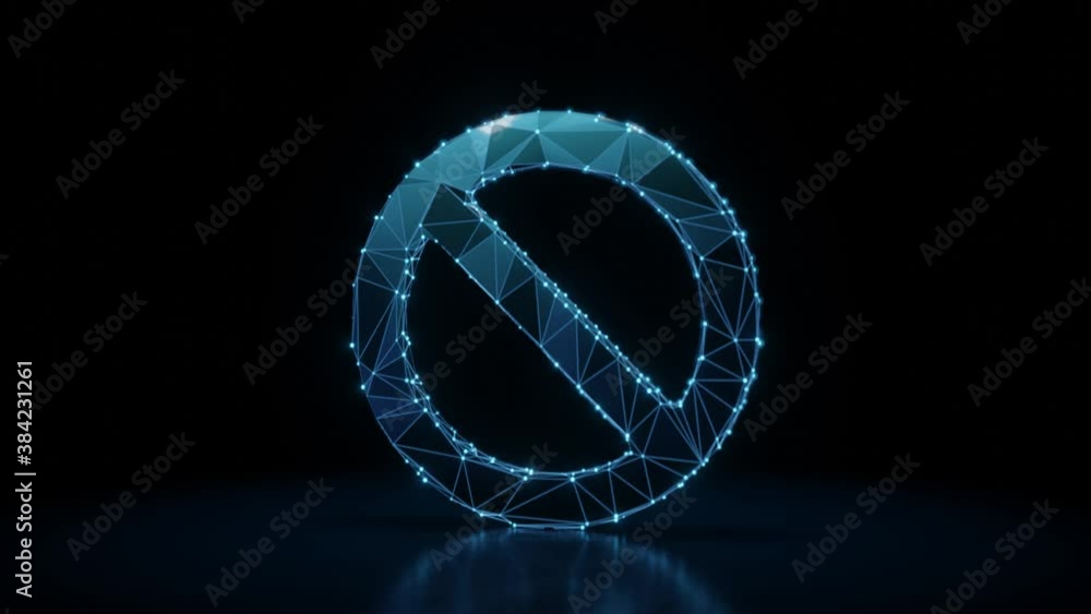 3d rendering 4k fly through wireframe neon glowing symbol of circle ban sign with bright dots on ...