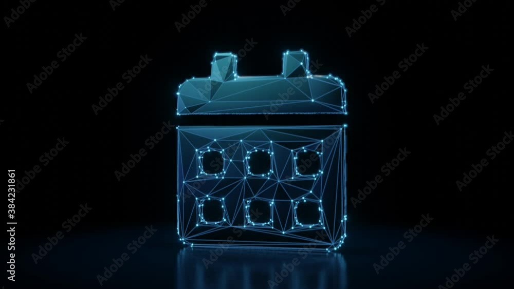 3d rendering 4k fly through wireframe neon glowing symbol of calendar with weeks with bright ...
