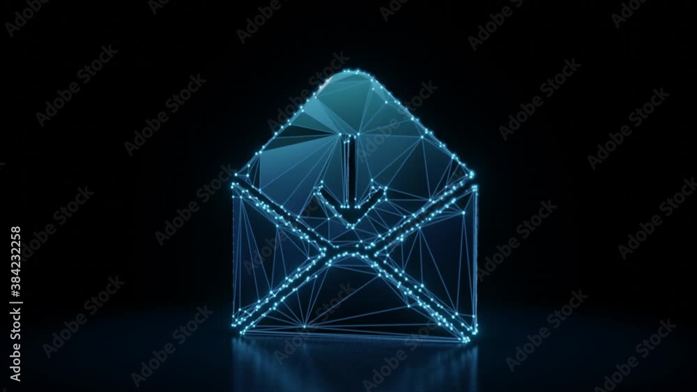 3d rendering 4k fly through wireframe neon glowing symbol of paper open envelope with down arrow ...
