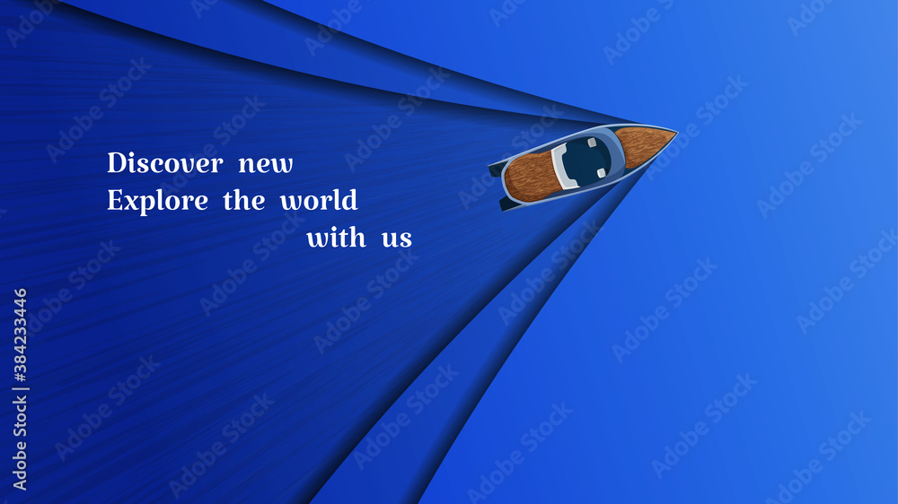 Horizontal banner with a motorboat floating on the water with waves ...