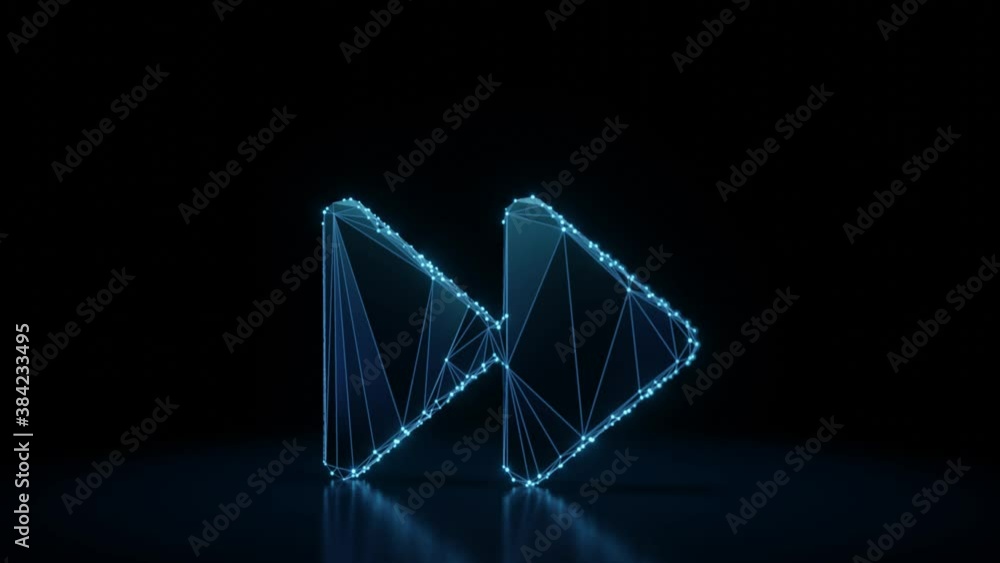 3d rendering 4k fly through wireframe neon glowing symbol of two right double arrows with bright ...