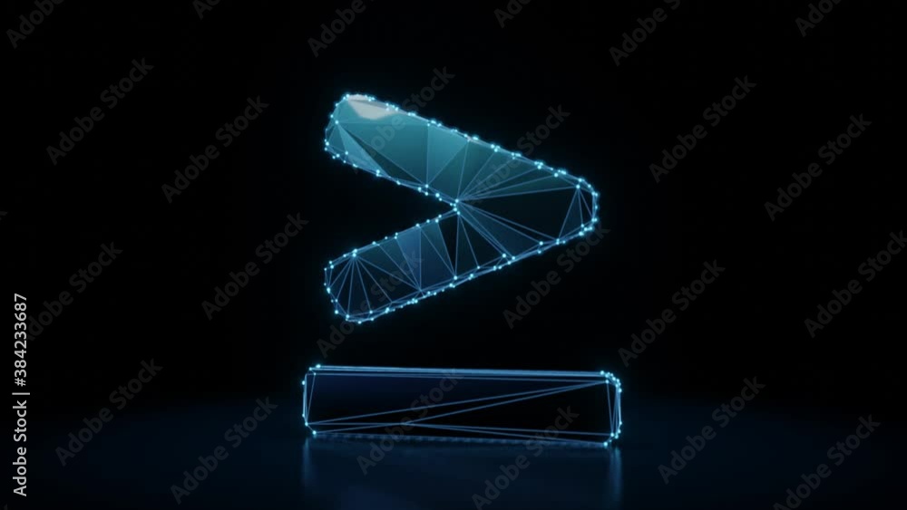 3d rendering 4k fly through wireframe neon glowing symbol of greater than equal symbol with ...