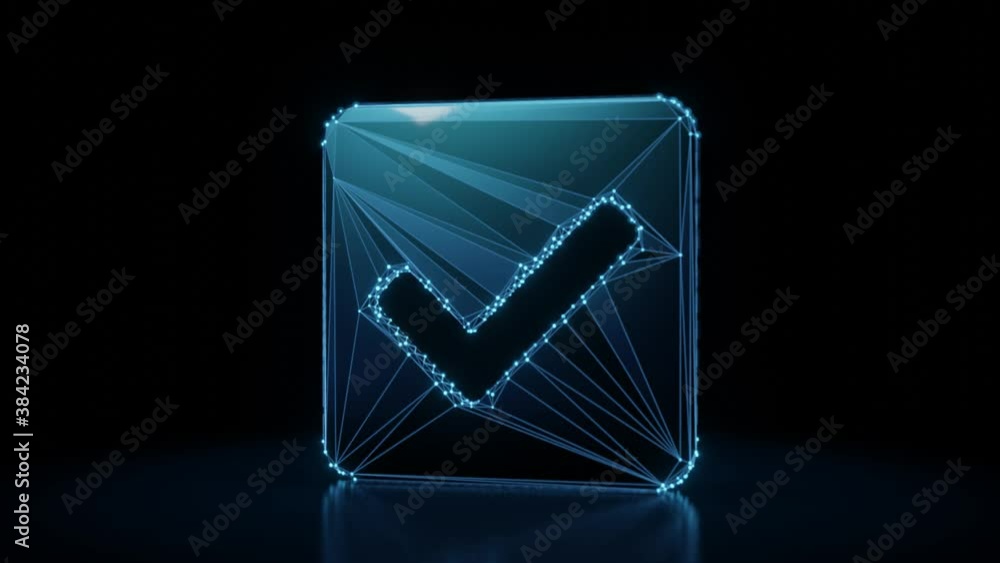 3d rendering 4k fly through wireframe neon glowing symbol of check mark ...