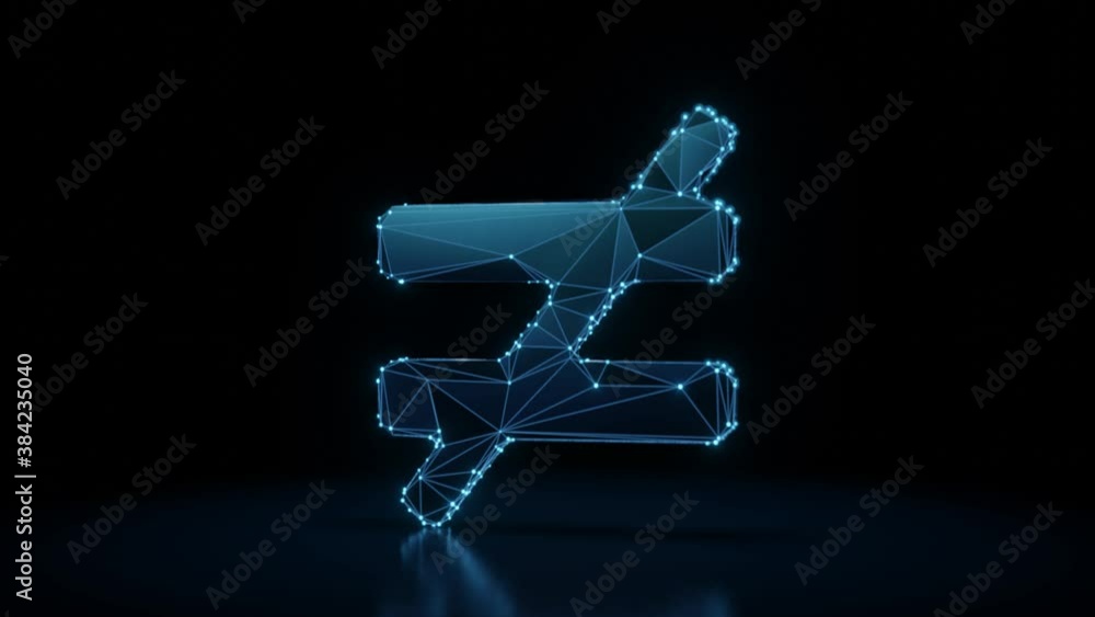 3d rendering 4k fly through wireframe neon glowing symbol of not equal ...