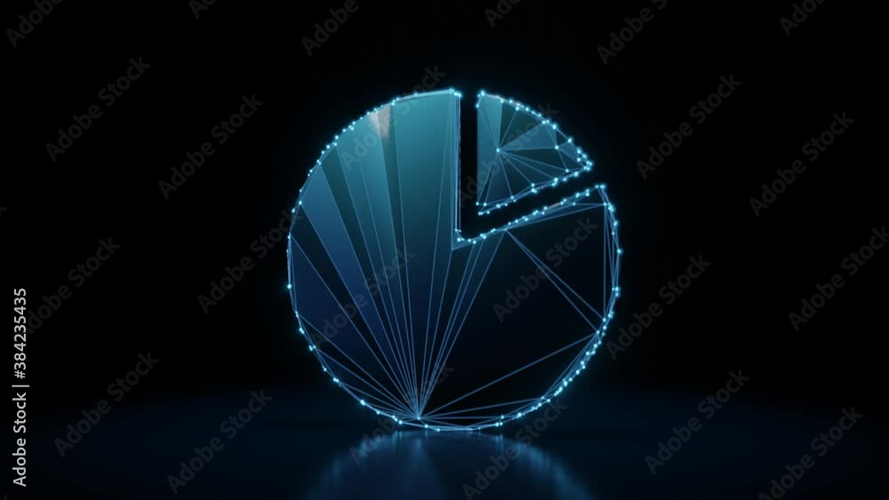 3d rendering 4k fly through wireframe neon glowing symbol of pie chart ...