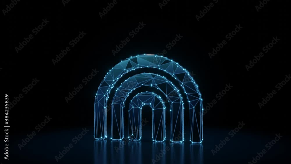 Vidéo Stock 3d rendering 4k fly through wireframe neon glowing symbol of rainbow arch with ...