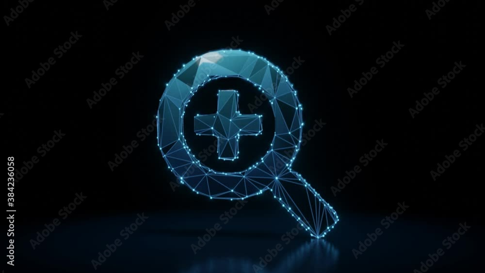3d rendering 4k fly through wireframe neon glowing symbol of magnifying ...