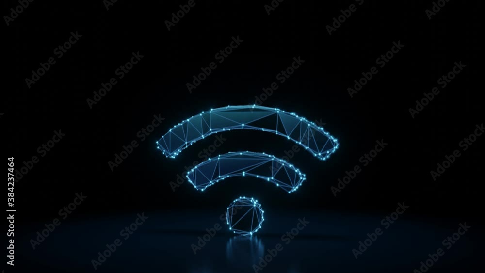 3d rendering 4k fly through wireframe neon glowing symbol of Wi-Fi ...