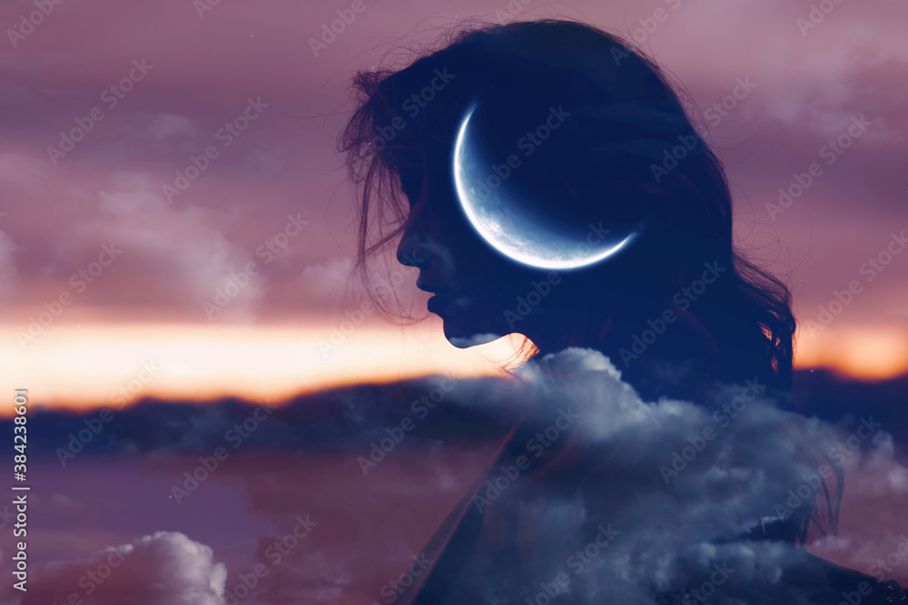 Woman profile silhouette portrait with moon in her head Stock Photo ...