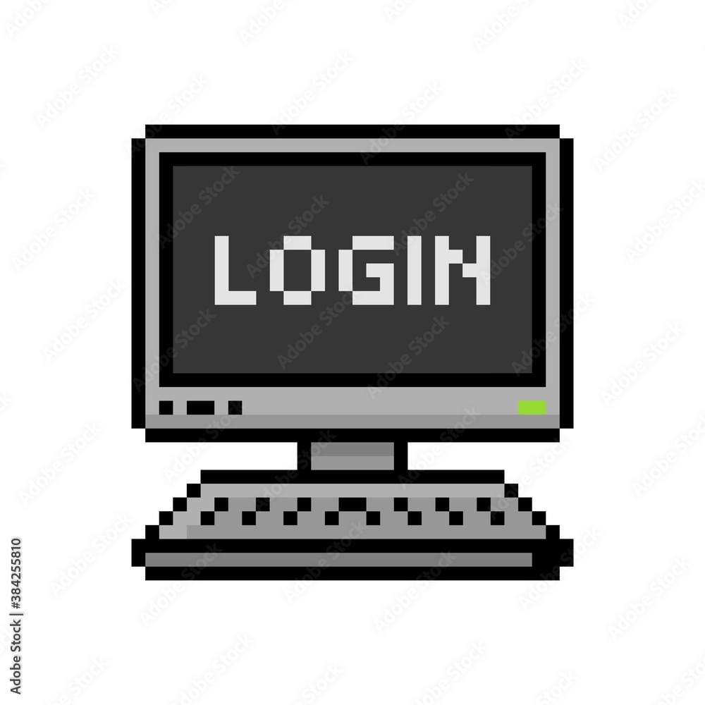 Pixel art 8-bit computer monitor with keyboard and text LOGIN modern ...