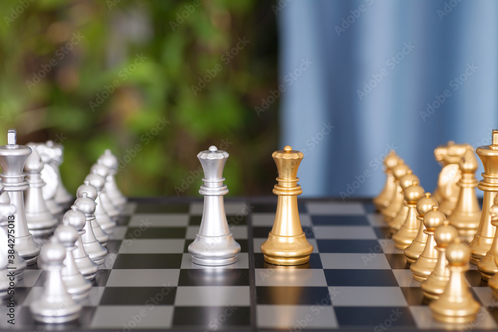 Two chess pieces and two queen chess pieces facing each other in close ...