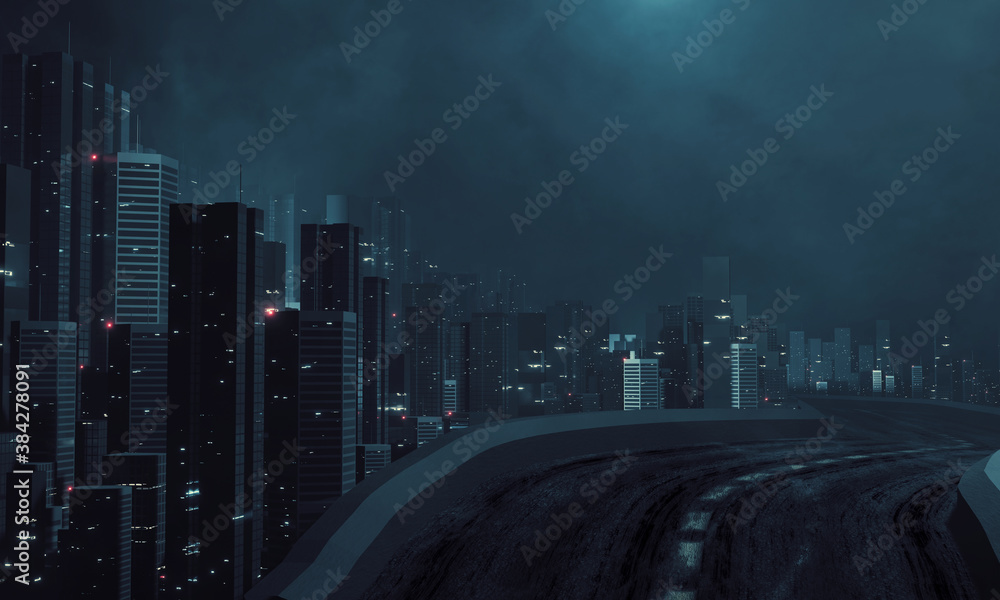 3D Rendering of grunge asphalt highway road at night with sky scrapper ...