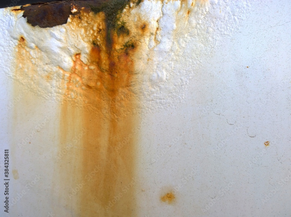 Metal corrosion of old white car. Rusty messy surface. Damaged grunge ...