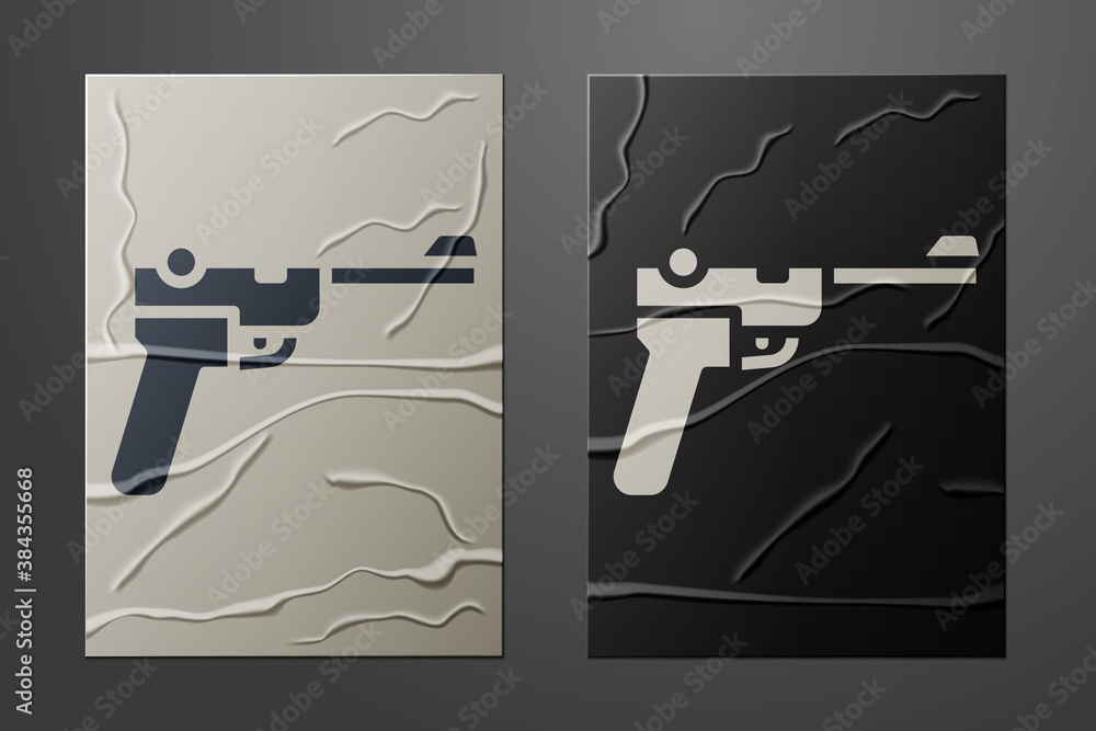 White Mauser gun icon isolated on crumpled paper background. Mauser C96 ...