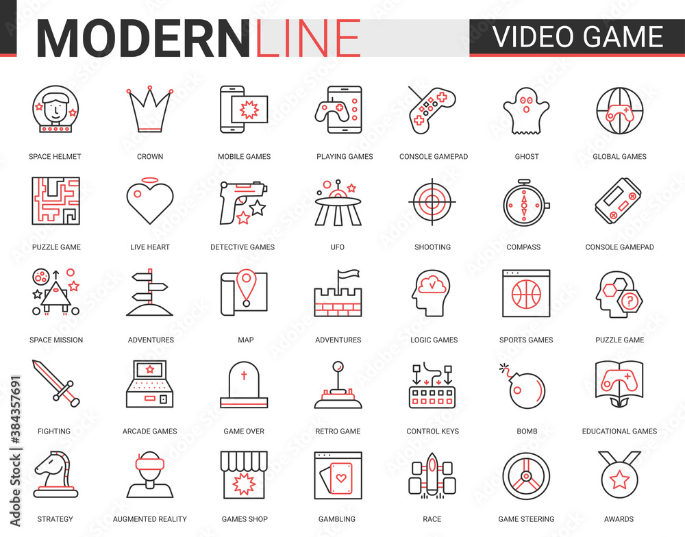 Video game thin red black line icon vector illustration set with ...