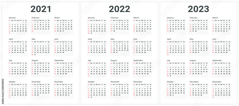 Calendar design for 2021, 2022, 2023 year. Beginning of the week with ...