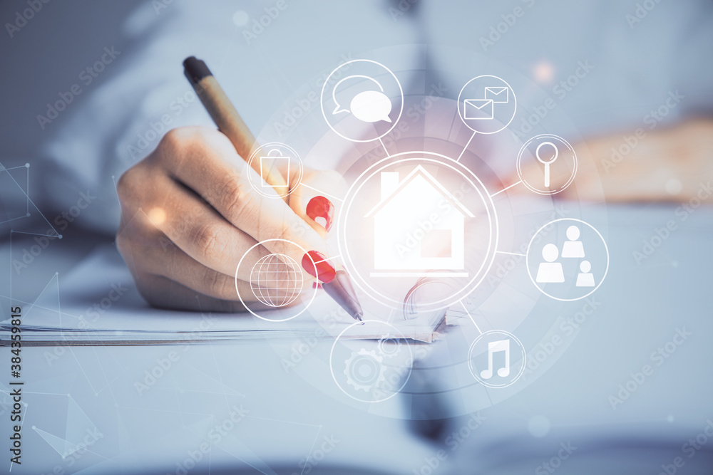 IOT drawing over writing hands in notepad background. Concept of smart ...