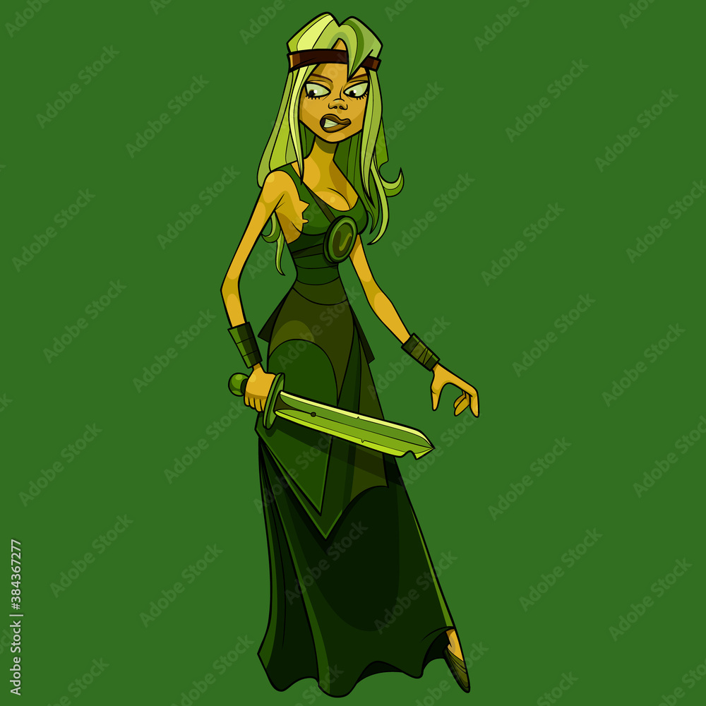 cartoon beautiful woman in long medieval dress with sword in hand Stock ...
