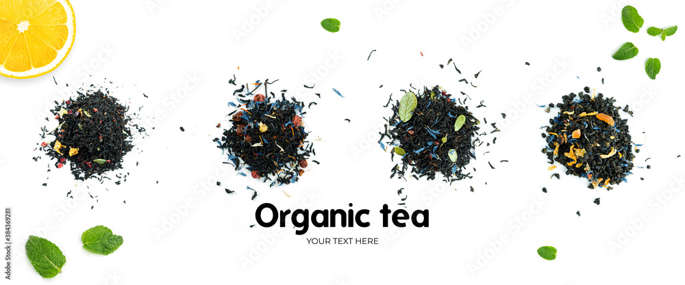 Different sorts of tea on white background. Long header banner format ...