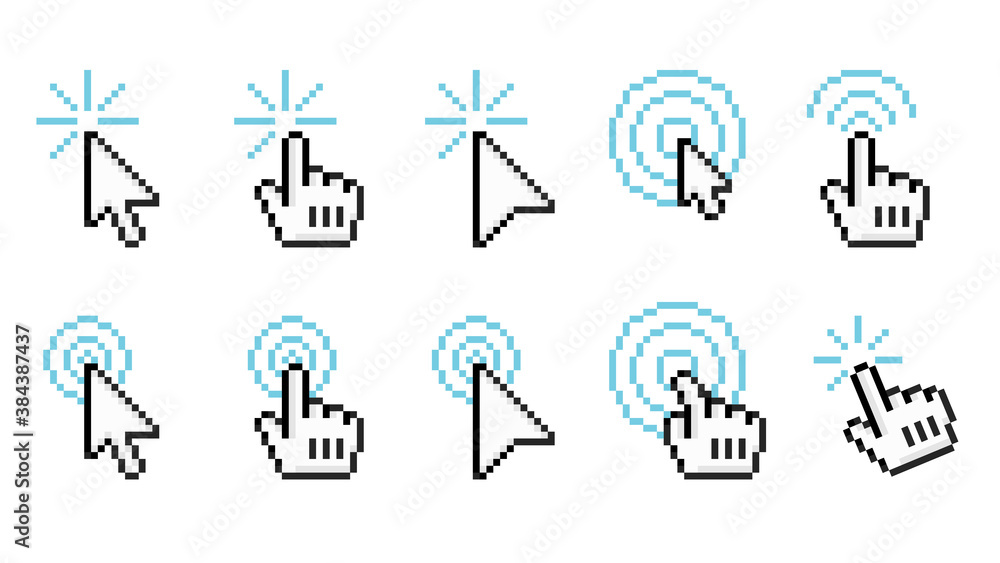 Pixel click icons. Arrow cursor, pointing finger and computer mouse ...