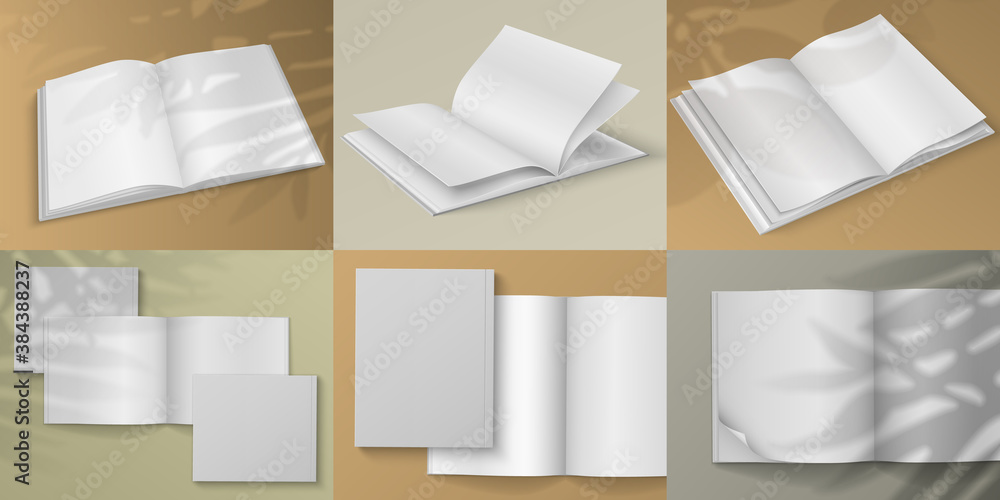 Realistic magazine. Blank white brochure mockup on colored background ...