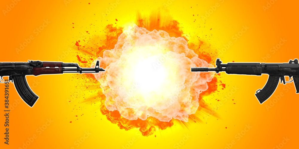 3d illustration showing weapon guns fight, assault rifle guns fire ...
