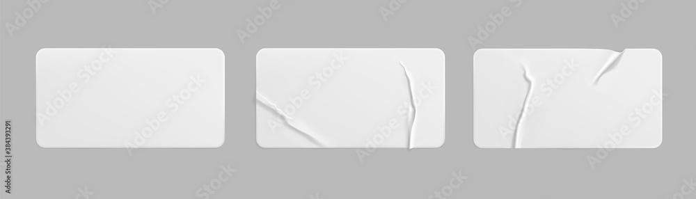 White glued crumpled rectangle stickers mock up set. Blank white ...