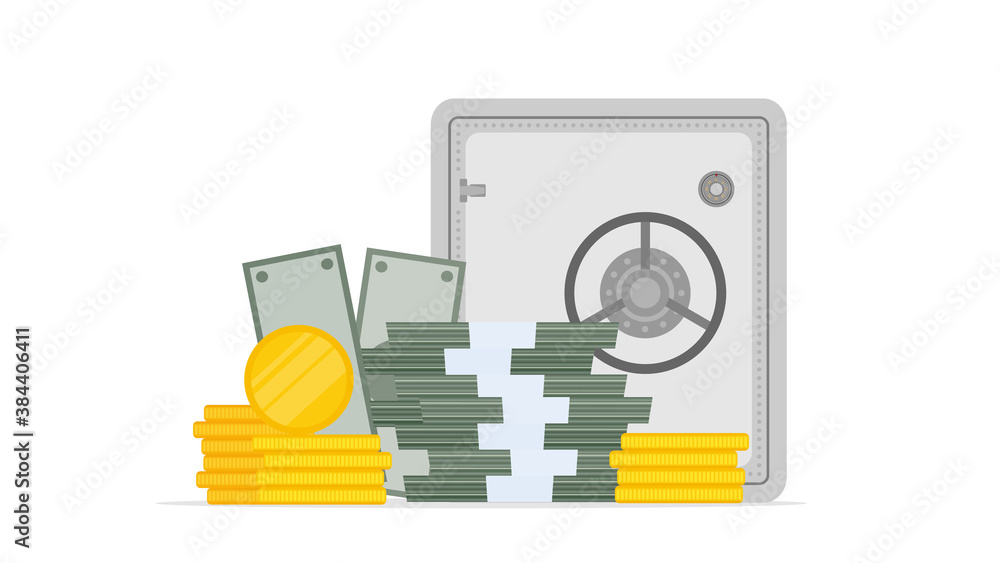 Closed metal safe. Dollars, bundles of money, gold coins. A sturdy ...