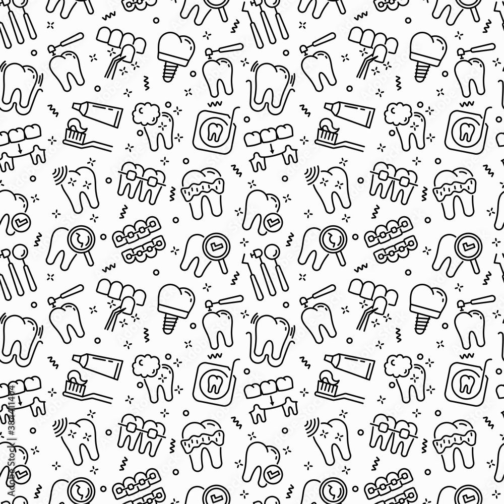 Dentist seamless pattern with thin line icons: dental instruments ...