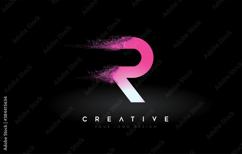 R Letter Logo with Dispersion Effect and Purple Pink Powder Particles ...