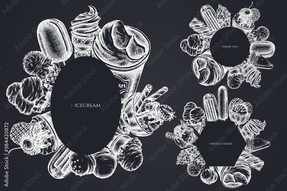 Frames with chalk ice cream bowls, ice cream bucket, popsicle ice cream ...