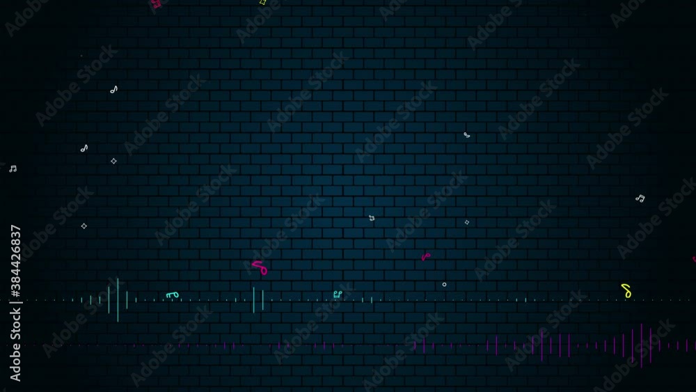 neon colorful music notes and spectrum animation,dark brick wall ...