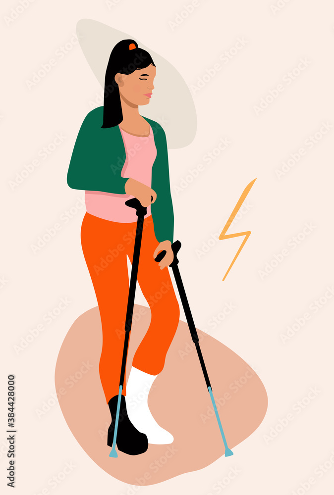 Young woman with broken leg.Girl with orthopedic cast walking using ...