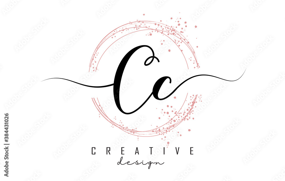 Handwritten CC C letter logo with sparkling circles with pink glitter ...