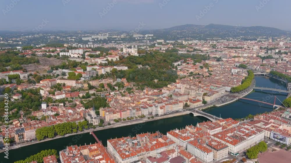 Lyon: Aerial view of historic city with hilltop Basilica of Notre-Dame ...