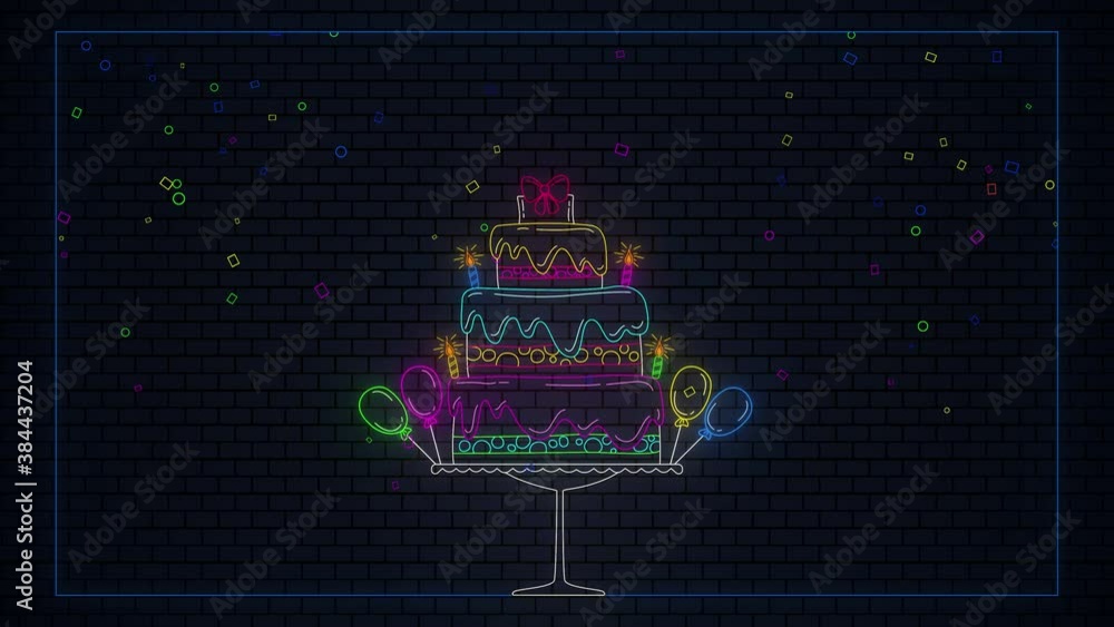 neon birthday cake birthday concept animation. colorful confetti and ...