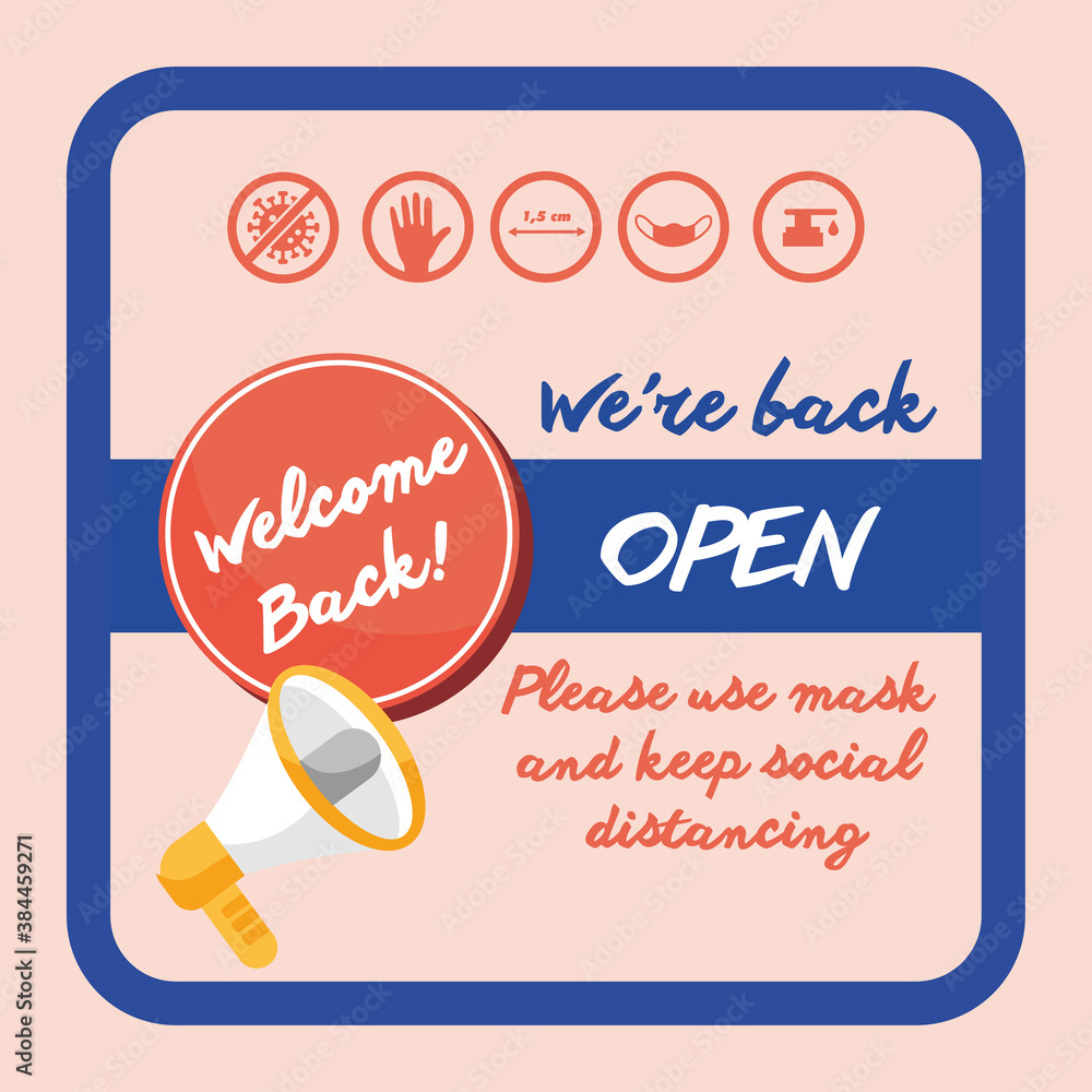 welcome back re opening poster with megaphone Stock Vector | Adobe Stock