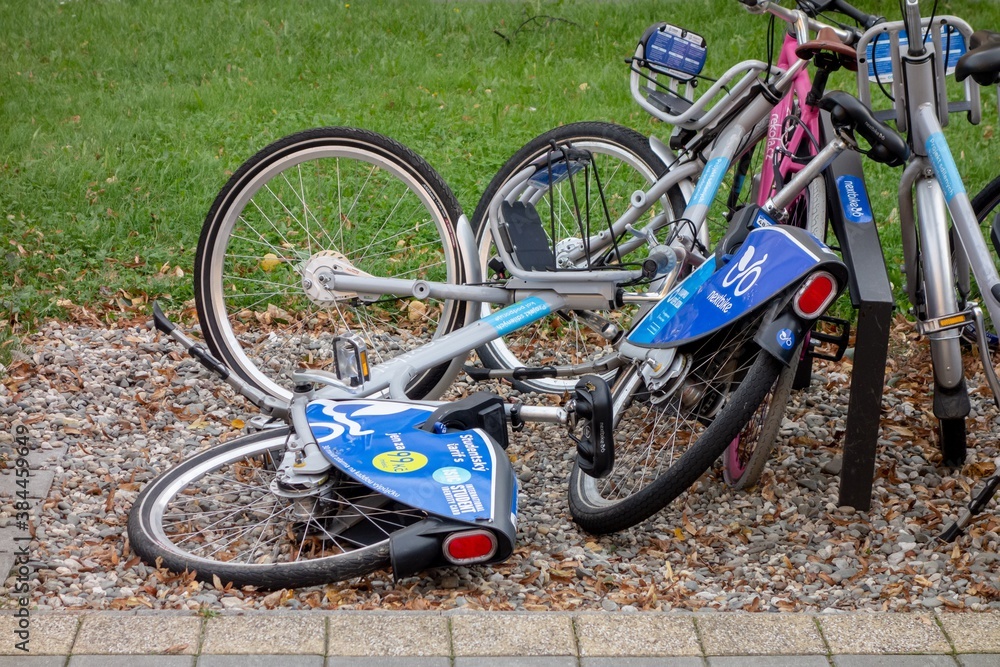 Vandalism. Nextbike bike-sharing bicycles thrown on the ground instead ...