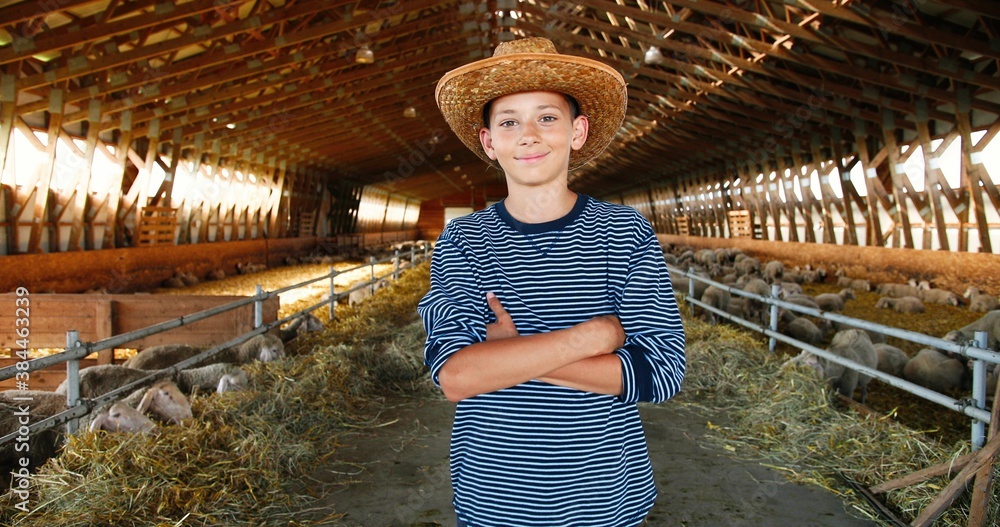 Portrait of Caucasian little nice boy in hat standing in shed with ...