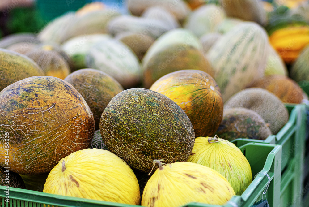 melons of different types sold in grocery store Stock Photo | Adobe Stock