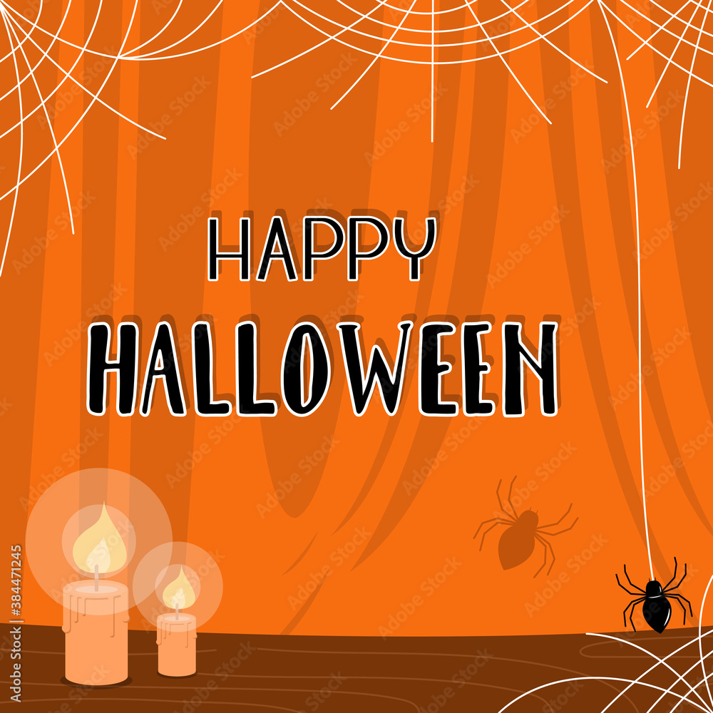 Happy Halloween vector banner. Hand drawn letters on the orange drape ...