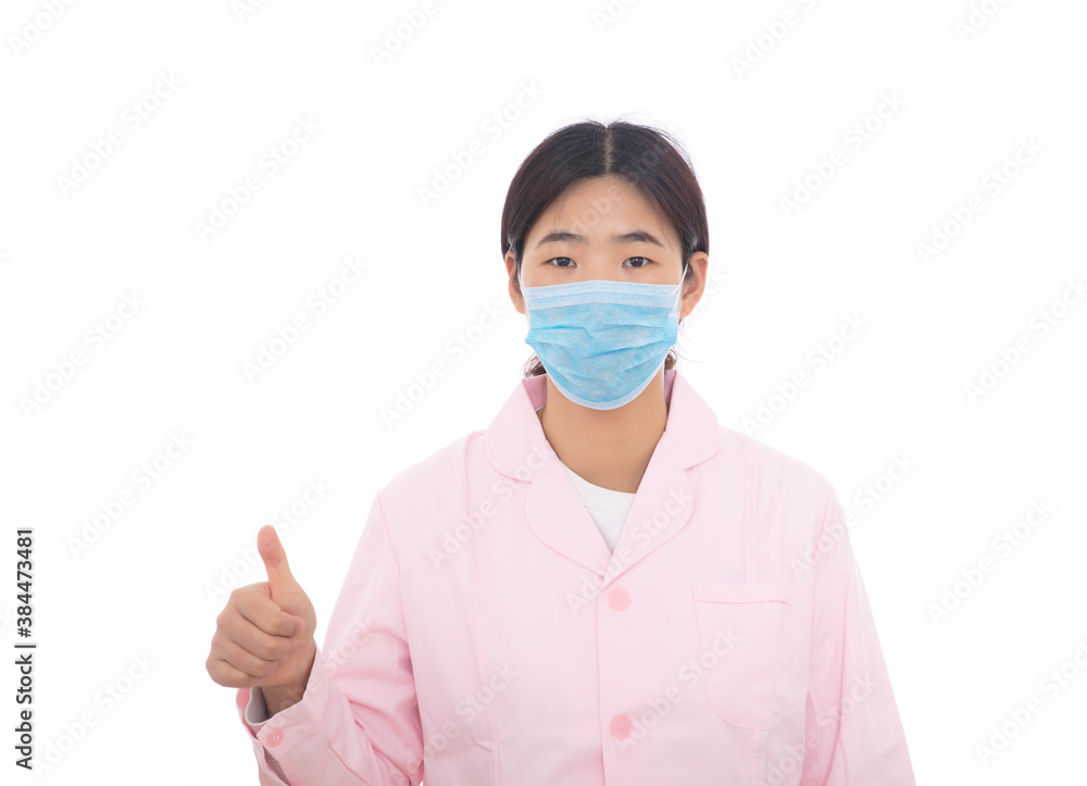 Nurse wearing pink nurse uniform in front of white background Stock ...
