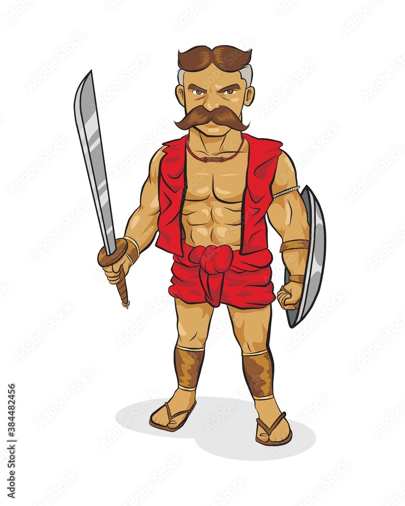 Ancient Thai warrior standing holding sword and shield. vector ...