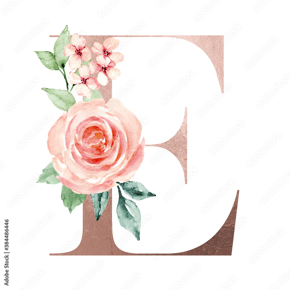 Letter e, pink letter, floral alphabet with watercolor flowers. Vintage ...
