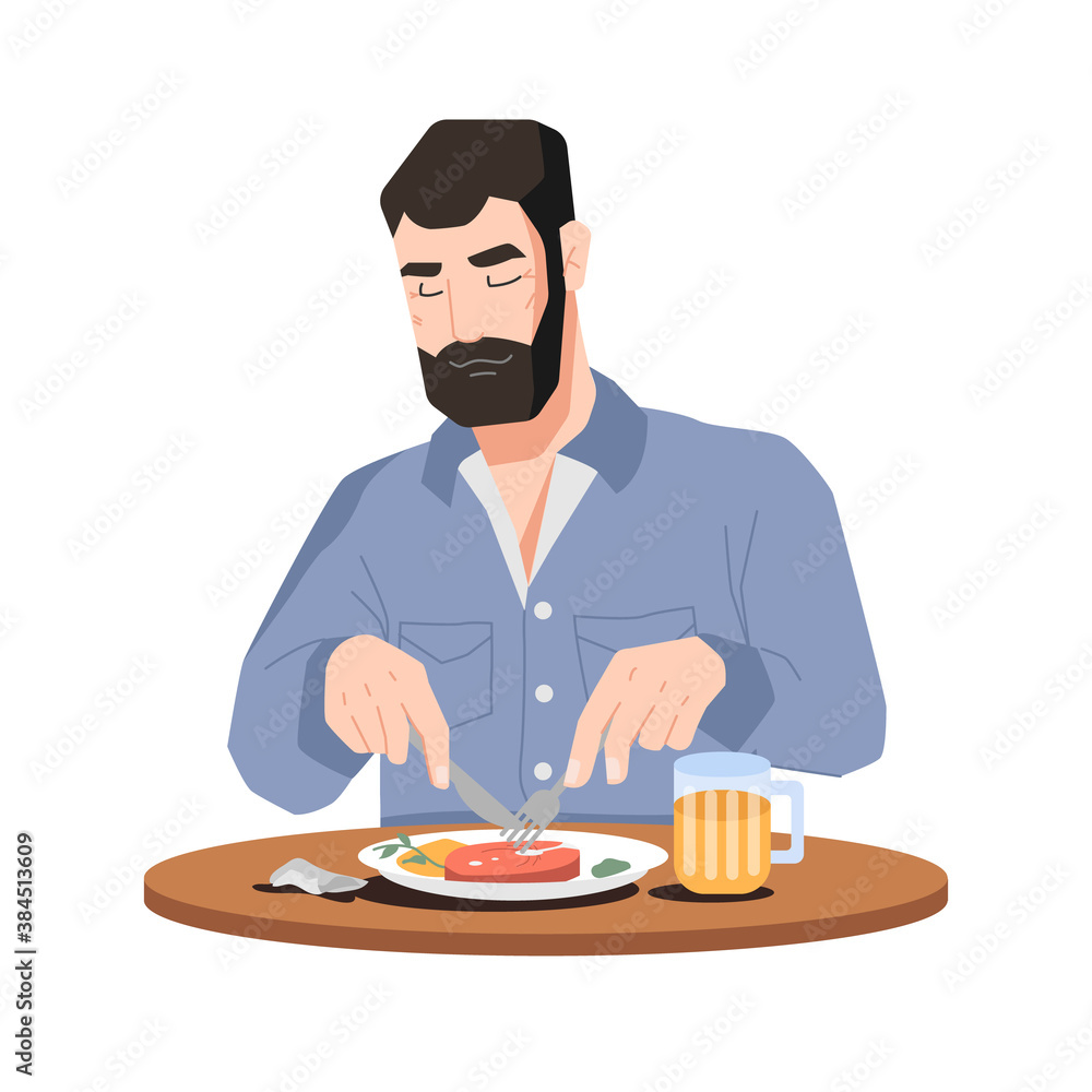 Bearded man eating meat and drinking beer isolated flat cartoon ...