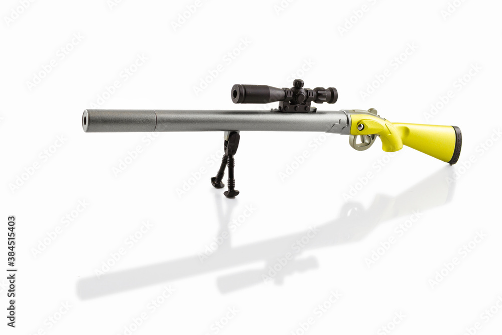 Toy plastic sniper rifle with stand and telescopic sight. Souvenir ...