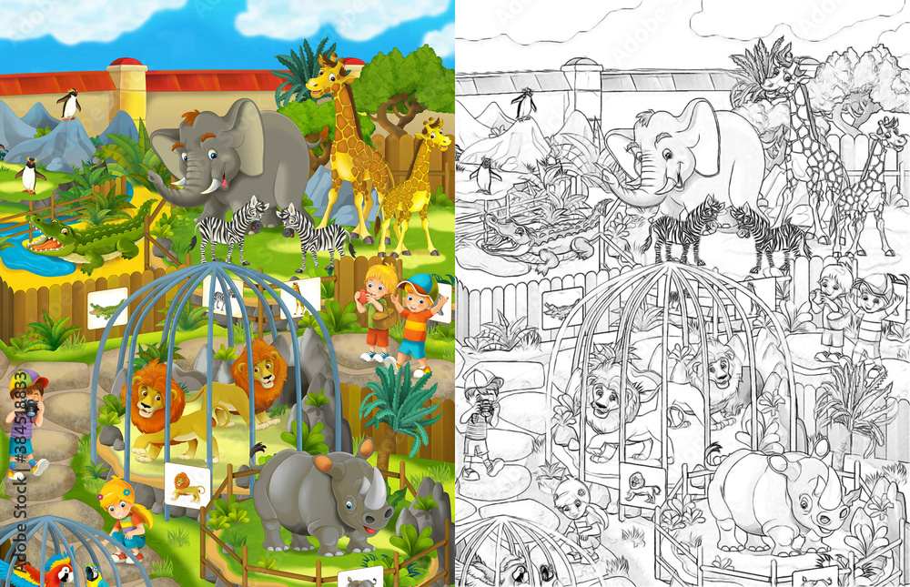 Cartoon zoo scene with sketch amusement park illustration Stock ...