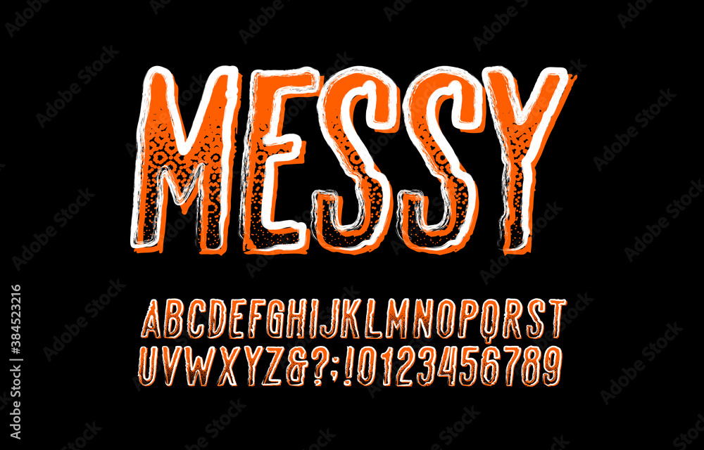 Vetor de Messy alphabet font. Brush stroke vintage letters, numbers and ...
