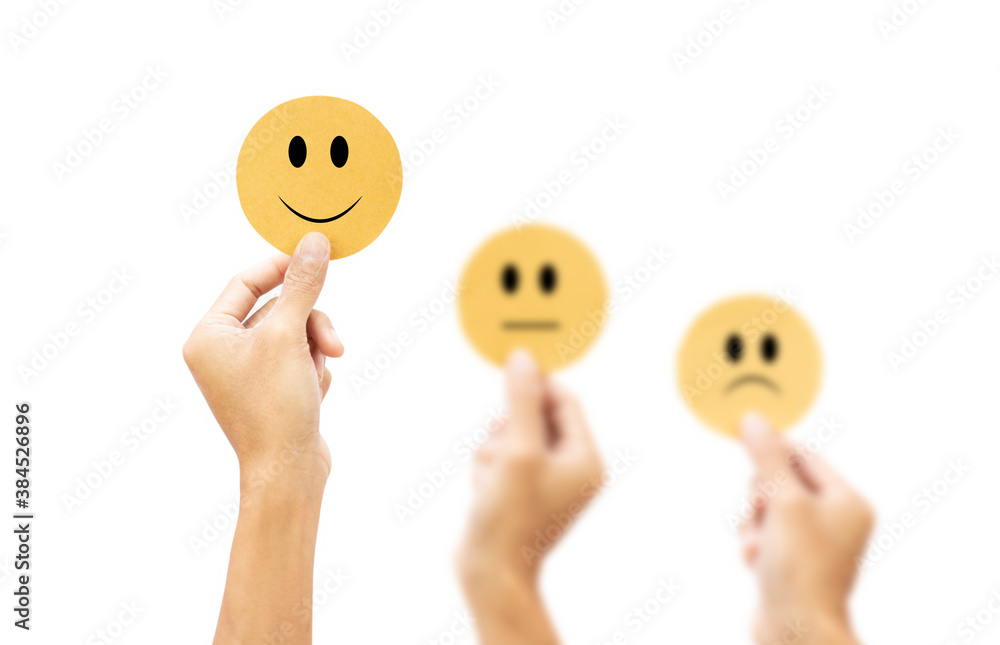 Customer showing rating feedback review with happy smile paper cut ...