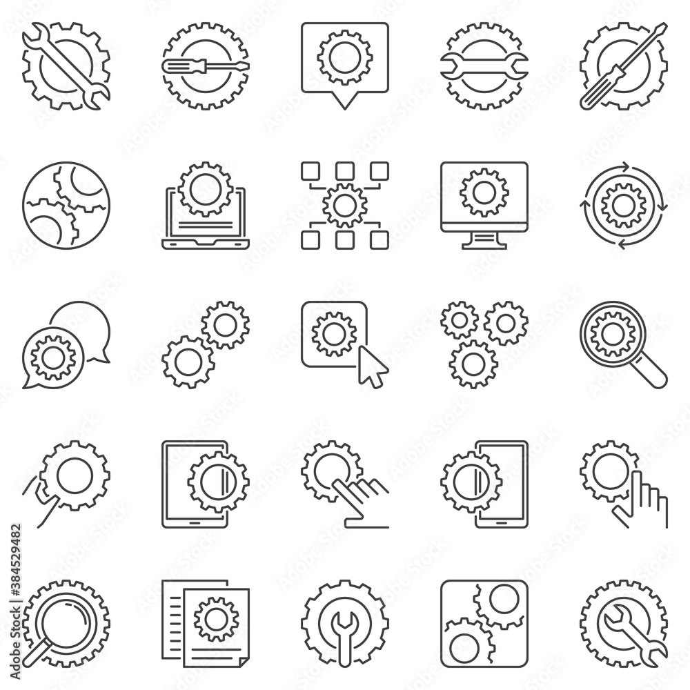 Settings outline icons set. Vector Cog Wheel and Gear line signs ...